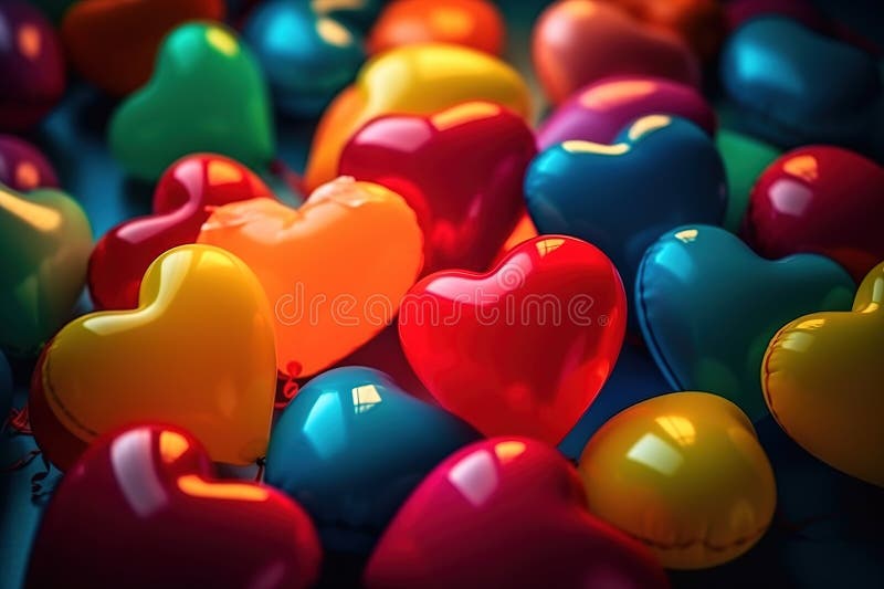 Close Up of Vivid Colorful Heart Shape Balloons Flying. Concept Party ... Close Up of Vivid Colorful Heart Shape Balloons Flying. Concept Party ...