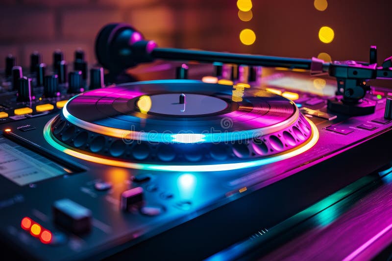 Close Up of Vividly Illuminated Audio Gear in Lively Dance Setting for ...