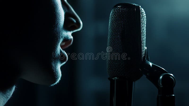 Close-up of Vocalist Singing into Microphone in Dramatic Lighting Stock ...