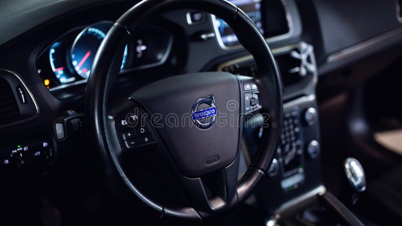 Close Up Volvo Logo on the Steering Wheel. Volvo V40 Dashboard Interior ...