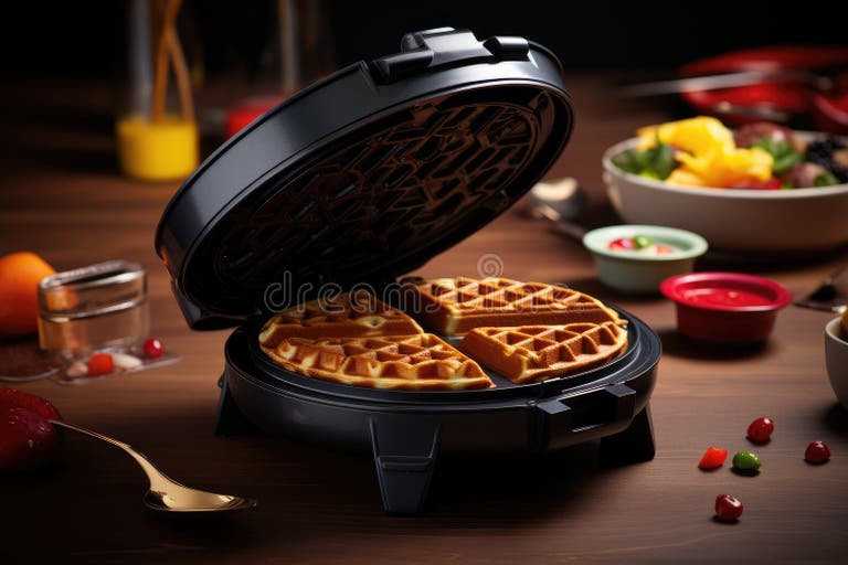 Close Up of Waffles Baked on Waffle Maker Iron Machine. Generative AI ...