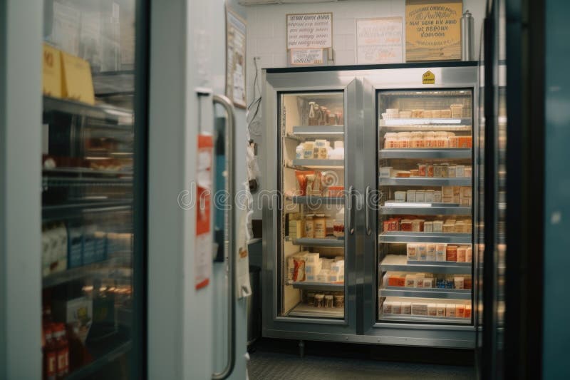 Close-up of Walk-in Refrigerator Door, with Products and Signage ...
