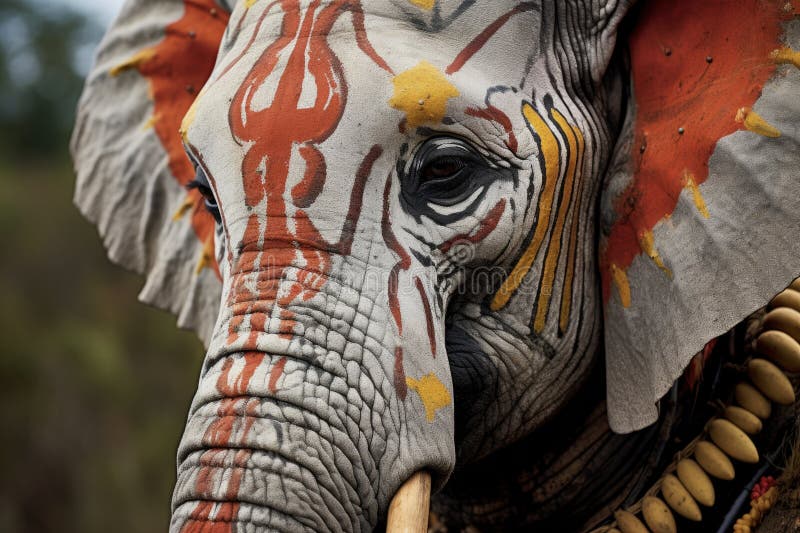 Close-up of a War Elephants Painted Face and Tusks Stock Image - Image ...