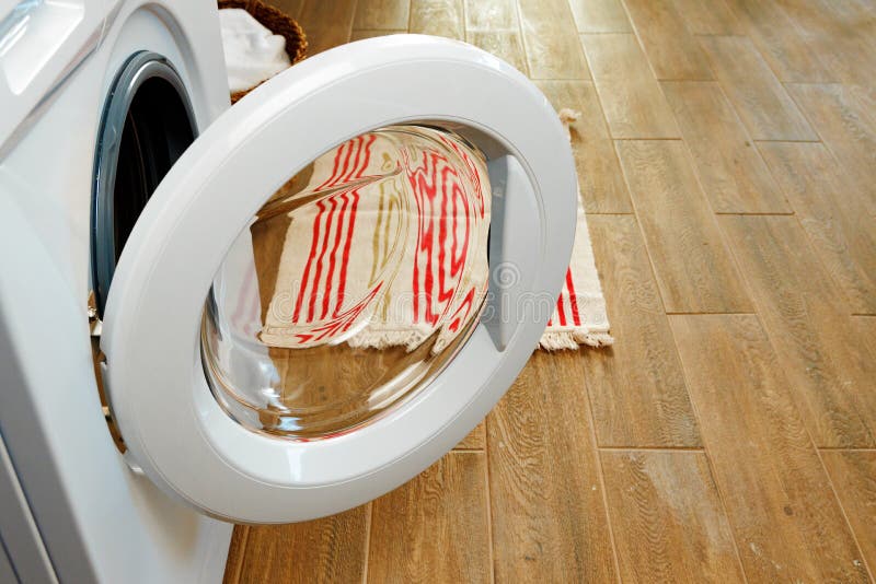 Close Up of Washing Machine in Bathroom. Stock Photo - Image of blue ...