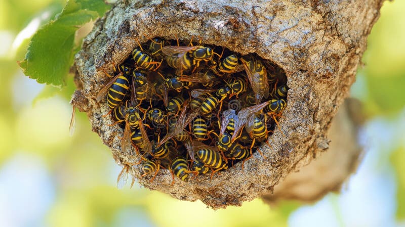 Close-up of Wasp Nest with Multiple Wasps in a Tree Stock Illustration ...