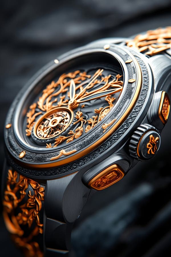 A Close Up of a Watch on a Black Surface Stock Illustration ...