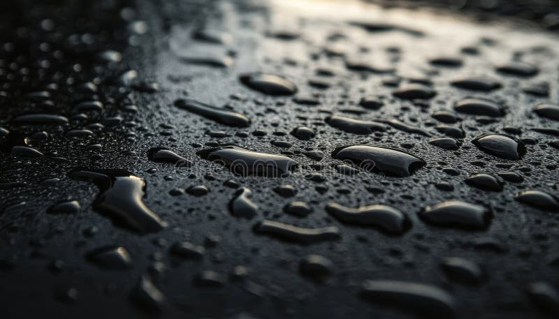 Close-Up Water Beads Dance on Black Metallic Surface, Showcasing the ...