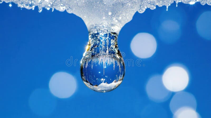 A Close-up of a Water Droplet Hanging from Ice, Reflecting Light and ...
