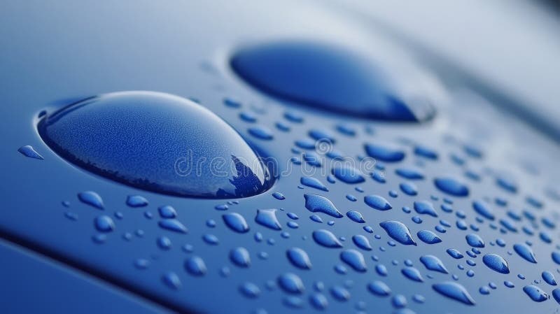 Close-Up of Water Drops Beading on a Metallic Blue Surface, Showcasing ...