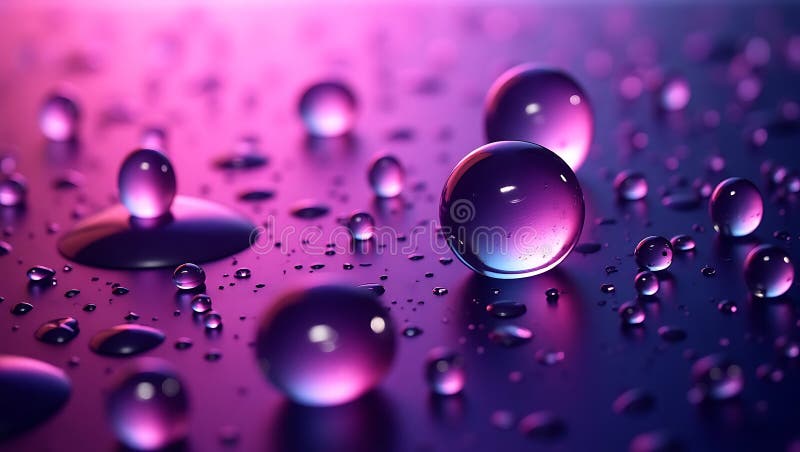 Close-Up of Water Drops on a Purple and Pink Gradient Surface with ...