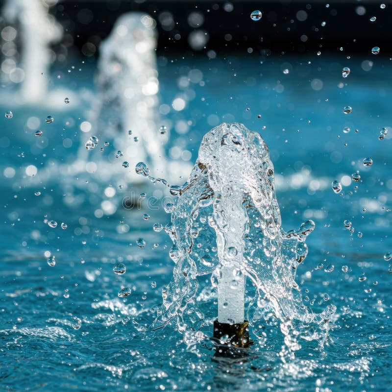 Close Up of Water Fountain Spraying with Blue Water Drops Stock ...