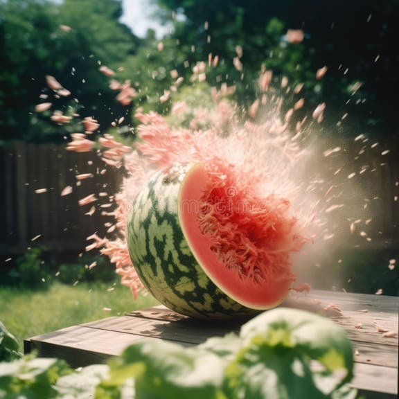 Close Up of Watermelon Exploding on Table in Garden Created Using ...