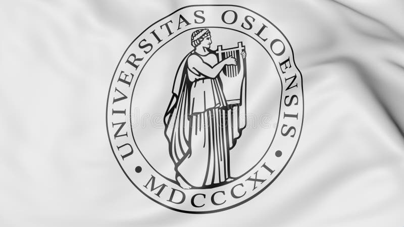 Close-up of Waving Flag with University of Oslo Emblem 3D Rendering ...
