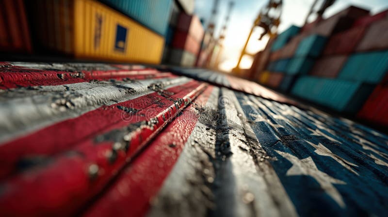 Weathered American Flag Painted on Cargo Container at Sunset Stock ...