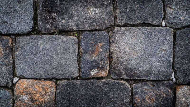 Close-up of a Weathered Gray Stone Pathway with Visible Grout Lines and ...