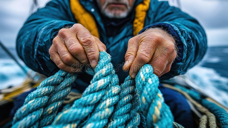 Close-up of Weathered Hands Working with Thick Ropes Stock Illustration ...