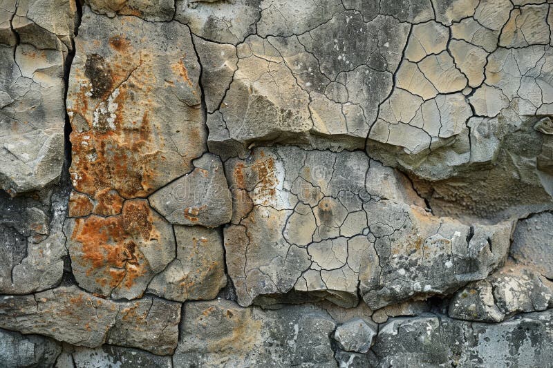 Close-up of a Weathered Stone Wall with Cracks and Rust Stains, Rustic ...