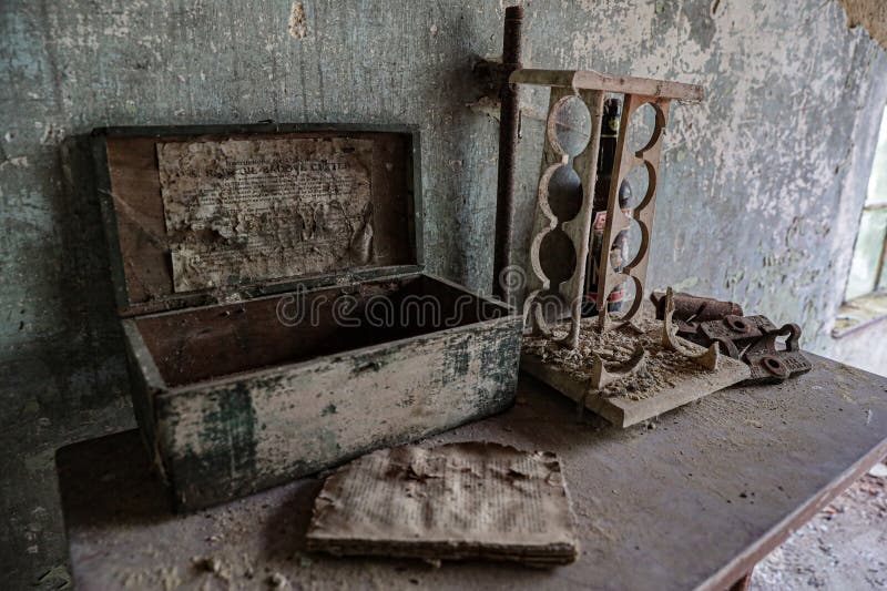 Dusty Old Chest and Forgotten Artifacts on Table in Abandoned Room ...