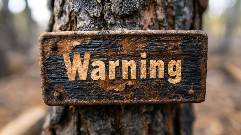 Close-up of a Weathered Warning Sign Mounted on a Tree, Emphasizing ...