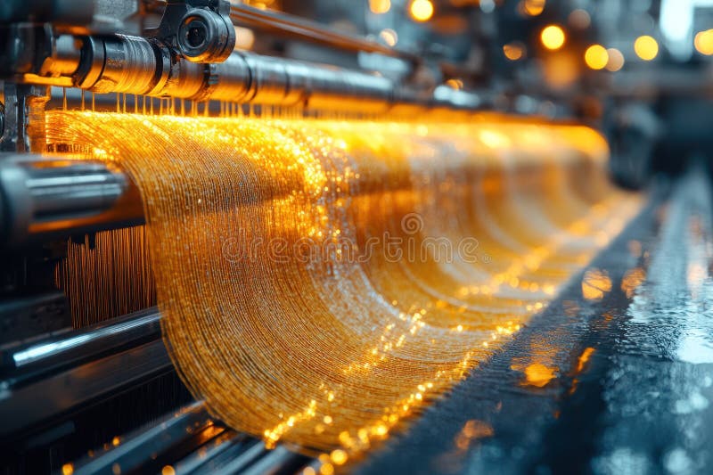 Close-up of a Weaving Machine with Golden Thread Flowing through it ...