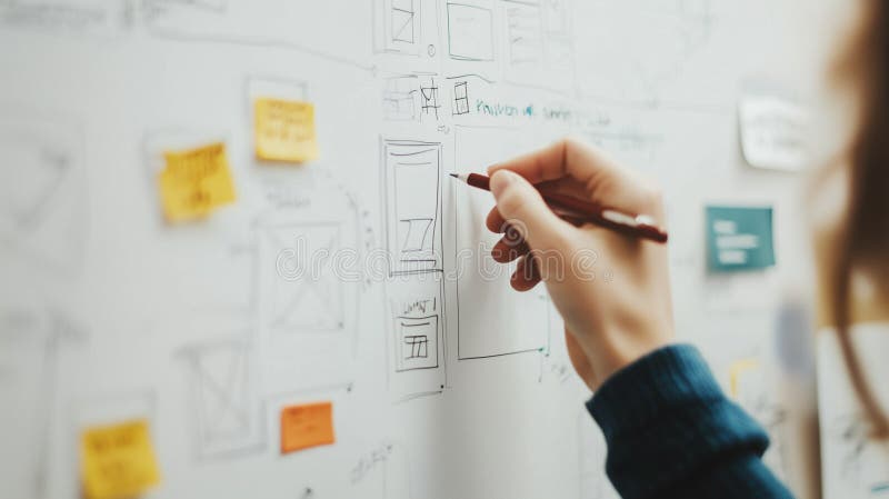 Web Designer Sketching Wireframe on Whiteboard, Hand Holding Pencil ...