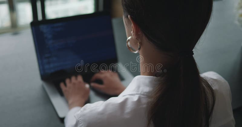 Close Up Web Developer Of Screen Where Visible Programming Code For Clients Woman Hands Coding