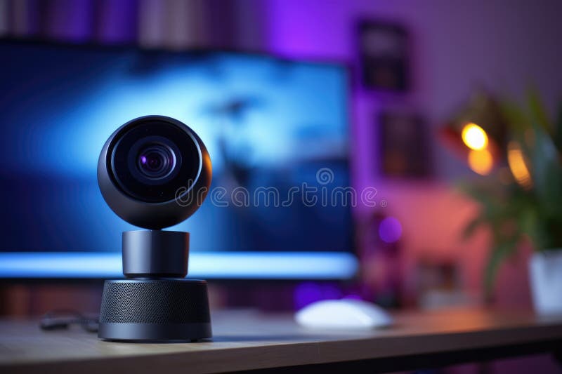 Close Up of Webcam with Blurred Background Featuring a Computer Stock ...
