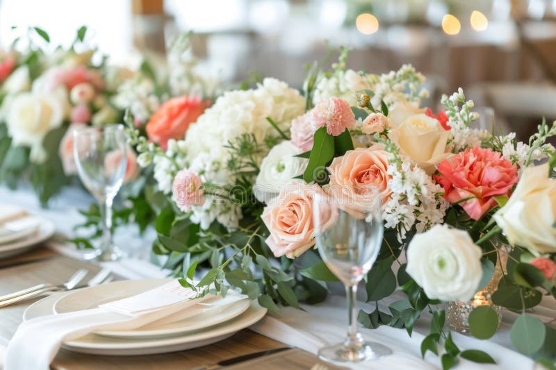 Close Up of Wedding Reception Table Setting with Flower Arrangement ...