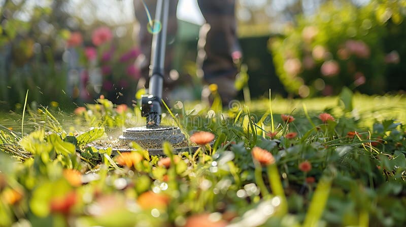 Close-up of a Weed Whacker Cutting Grass in a Lush Garden Stock ...