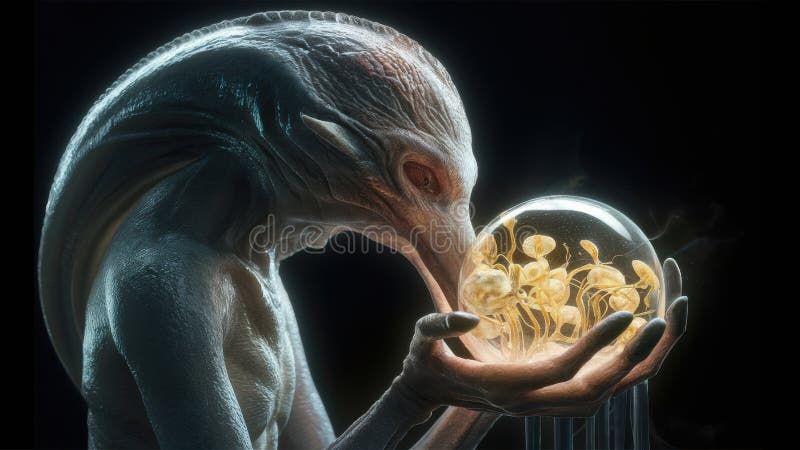 A Close Up of a Weird Creature Holding an Orb with Alien Life Forms ...