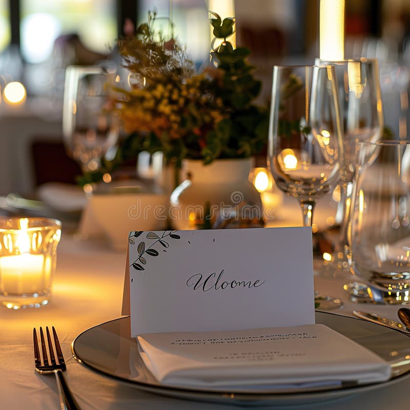 Close Up of a Welcome Card Placed on a Table Set for a Special Dinner ...