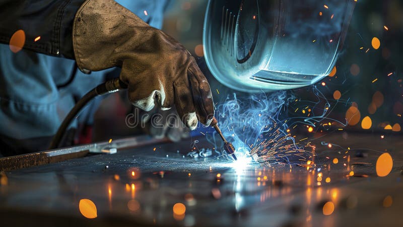 Welder is Welding in the Workstation, Welder at the Workstation, Welder Doing Hard Work in ...