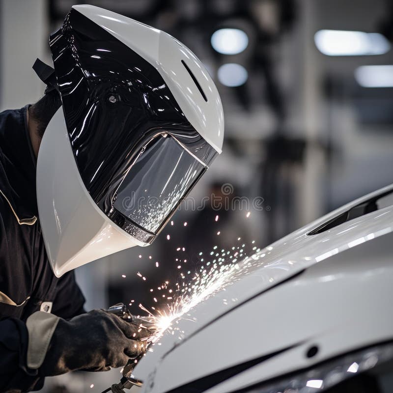 Close Up of a Welding Machine Repairing a White Vehicle S Front Panel ...