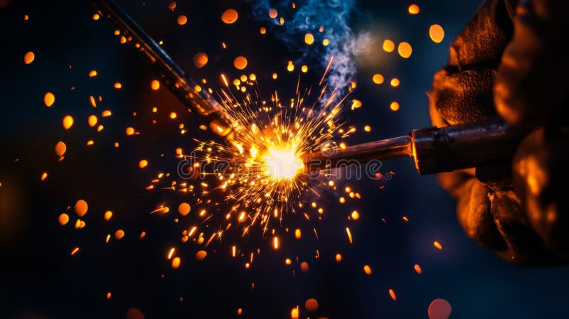 A Close-up of Welding Sparks Lighting Up the Dark Space. the Hand Holds ...