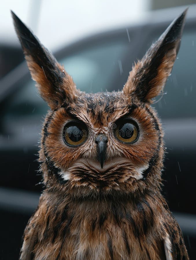 Close-up of a Wet Owl with Large Ears in the Rain Stock Illustration ...