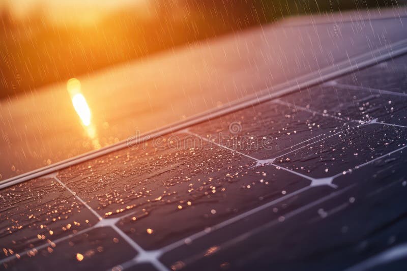 Close-up of Wet Solar Panels on Rooftop during Rain with Sun Light ...