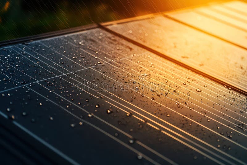 Close-up of Wet Solar Panels on Rooftop during Rain with Sun Light ...