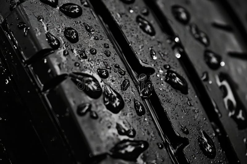 Close-up of Wet Tire Tread Reflecting Light, Emphasizing Water Droplets ...