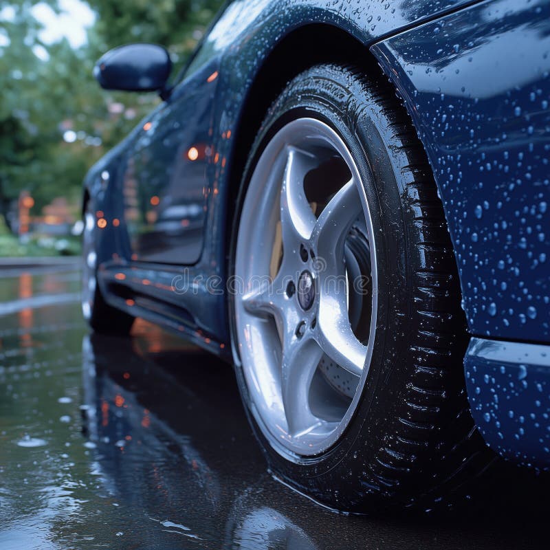 Close-up of the Wheel of a Modern Car Under the Rain Stock Illustration ...