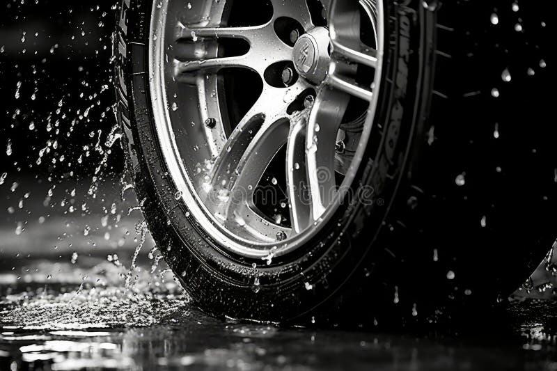 Close Up of Wheel Tread on Wet Asphalt with Water Splashing, Capturing ...