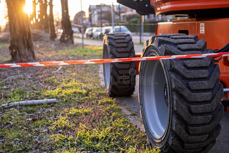 Close-up Wheels of the Machine Crane. Seasonal Tree Pruning with a ...