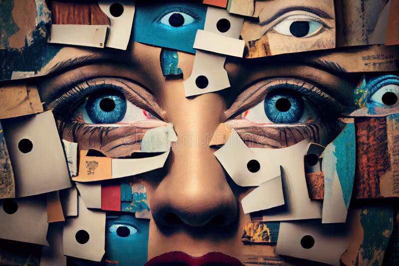 Close-up of Whimsical Face Collage, with Eyes and Mouth in Focus Stock ...