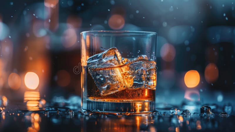 Close-up on a Whiskey Glass, a Single Ice Cube Slowly Melting Stock ...