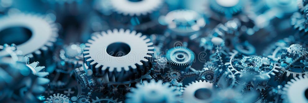 Close-up of White and Blue Interlocking Gears in a Detailed Mechanical ...