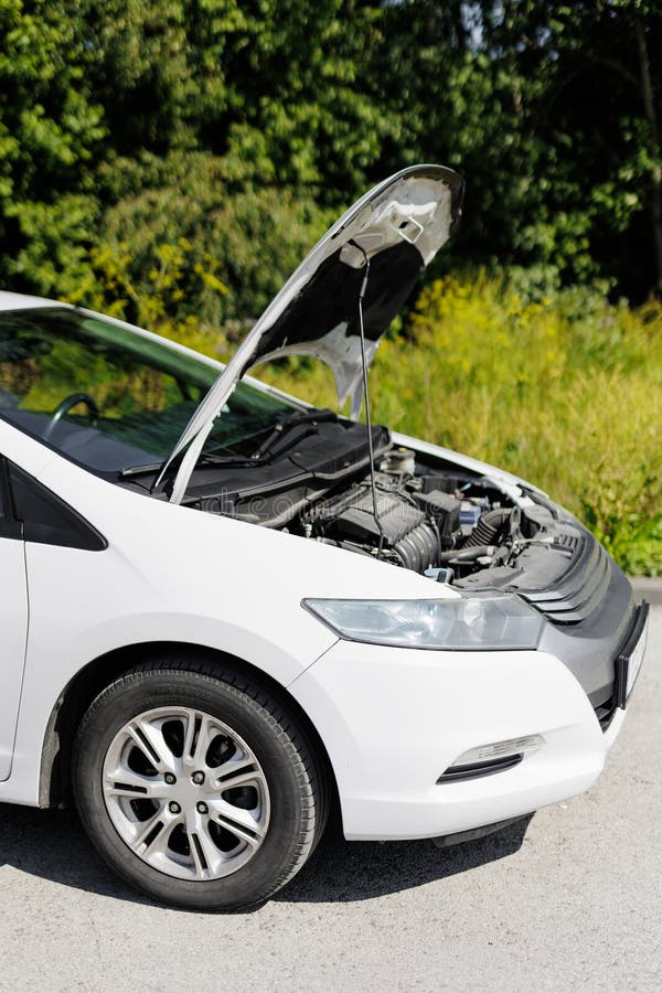 Close Up of White Car with Open Hood Stock Image - Image of engine ...