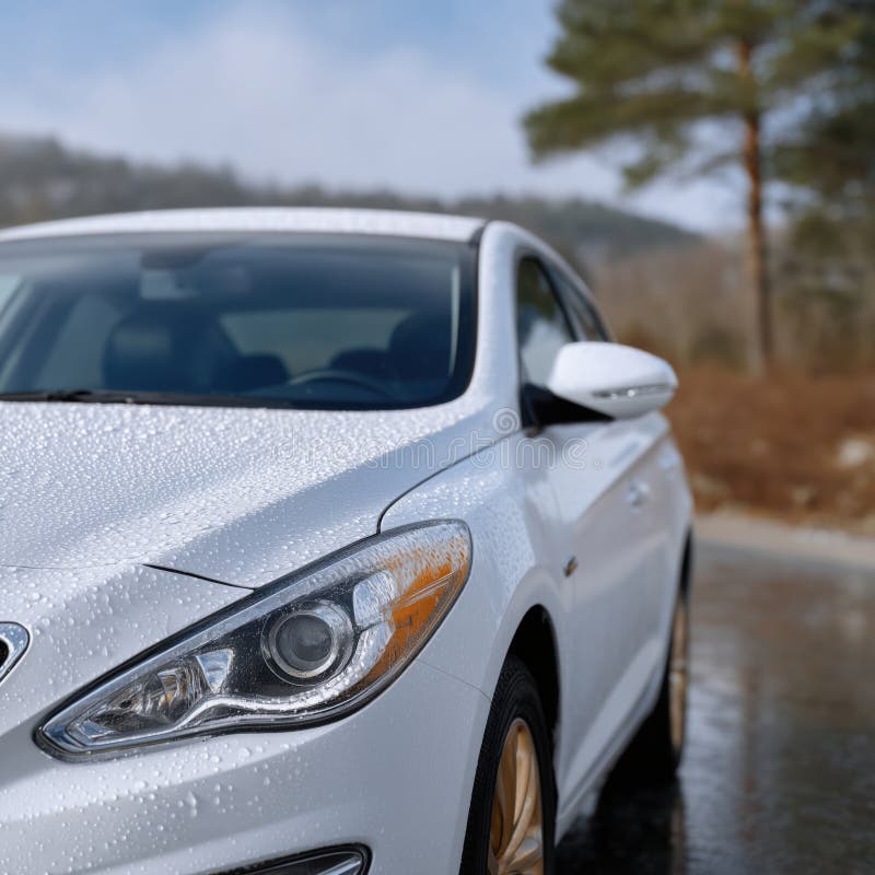 Close-up of a White Car on the Road in the Rain Stock Illustration ...