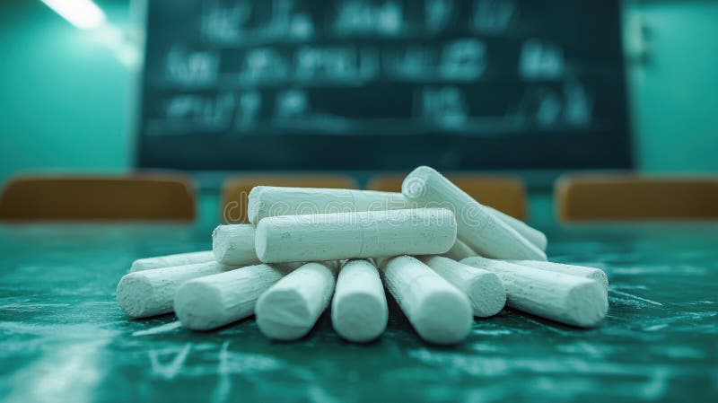 Close Up of White Chalk Pieces on a Desk in a Classroom with a ...