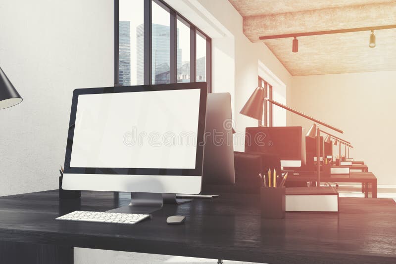 White Computer Screen in a White Office Toned Stock Illustration ...