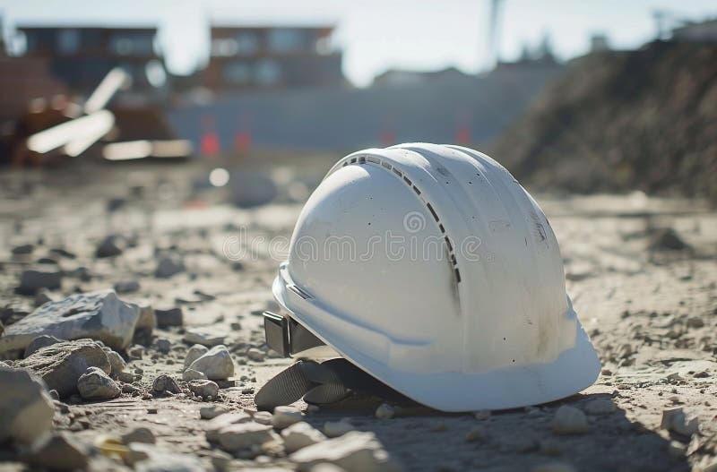 Close-Up of White Construction Helmet on Ground at Work Site in ...