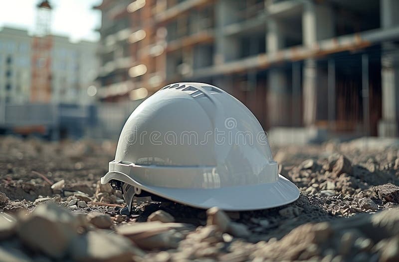 Close-Up of White Construction Helmet on Ground at Work Site in ...
